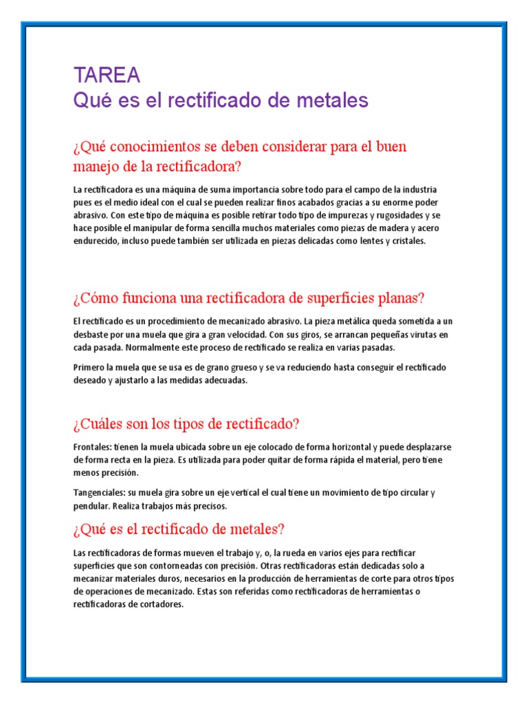 TAREA Qué Es El Rectificado de Metales | PDF | Rectificado (corte abrasivo) | Mecanizado