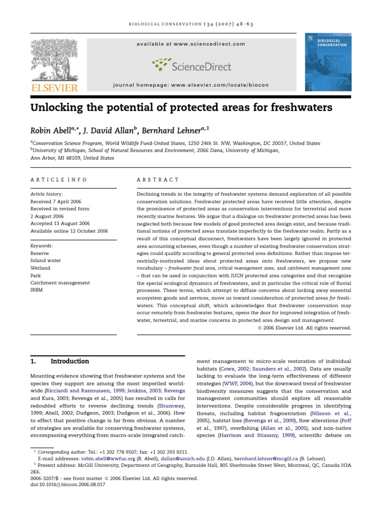 Freshwater Protected Areas: A Conceptual Framework for Integrating ...