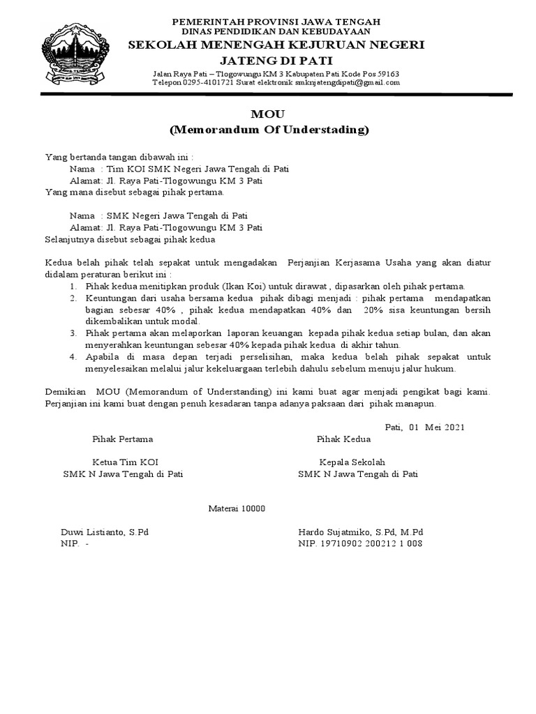 Contoh MOU KOI 2021 Revisi | PDF