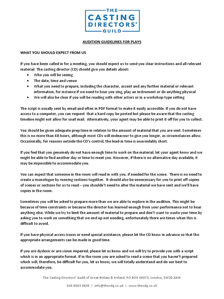 UK Casting Director's Guild Audition Guidelines | PDF | Audition