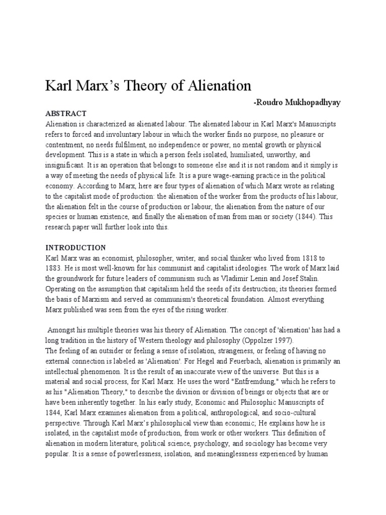 Karl Marx's Theory of Alienation: - Roudro Mukhopadhyay | PDF | Marx's ...