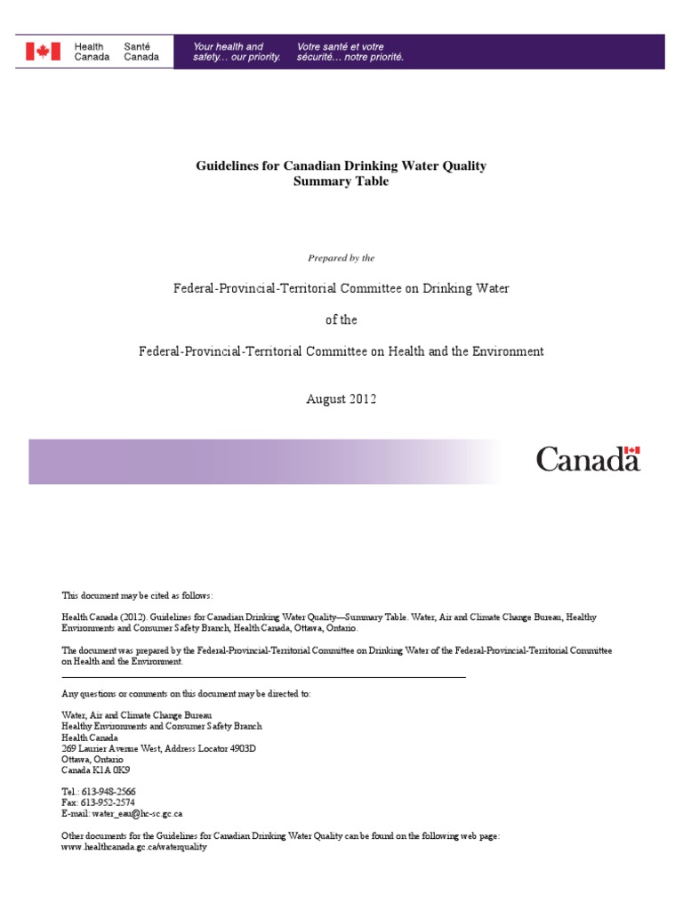 Guidelines For Canadian Drinking Water Quality Summary Table | PDF ...
