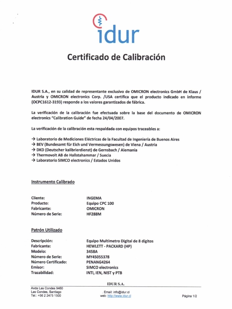 OMICRON CPC-100 Cert. Calibración IDUR - 16.12.2020 | PDF