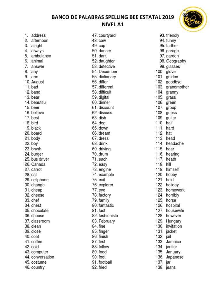 Banco de Palabras Spelling Bee Estatal 2019 A1 | PDF | Foods | Food And ...