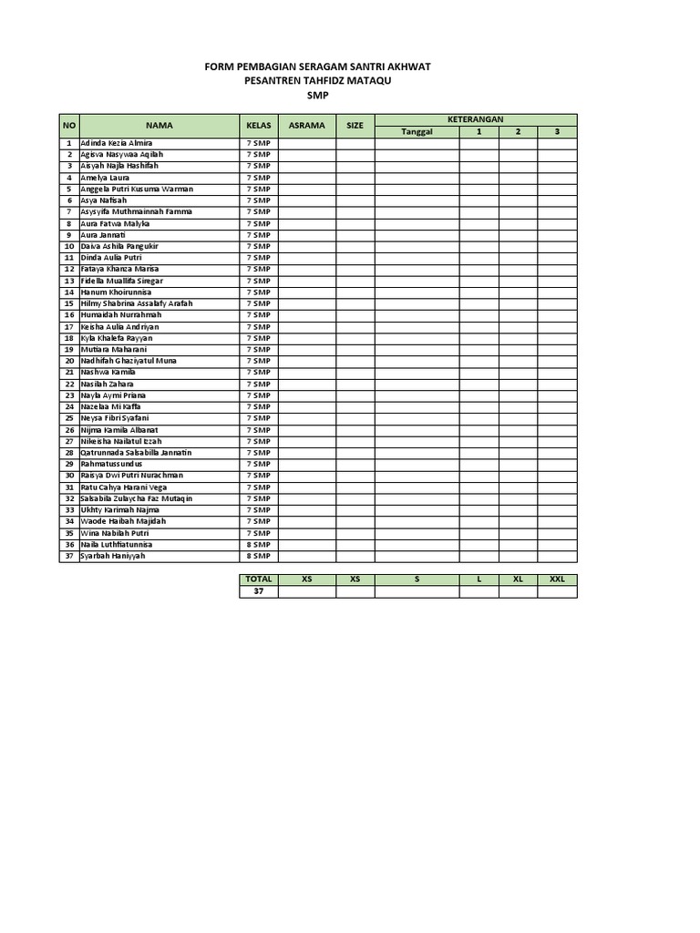 Form Ukuran Seragam | PDF