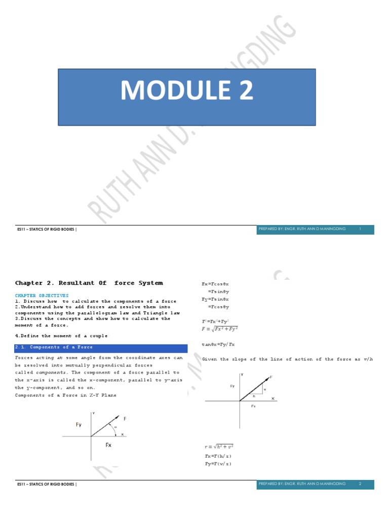 Es11 - Statics of Rigid Bodies: Prepared By: Engr. Ruth Ann D Maningding 1 | PDF | Torque | Force