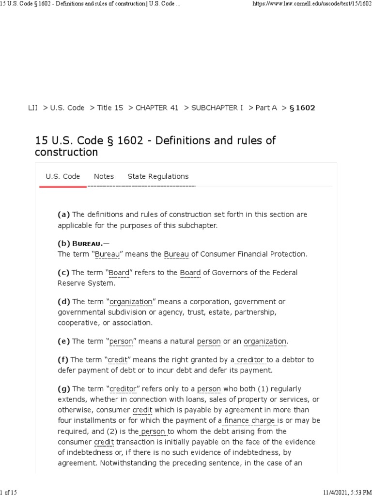 U.S. Code § 1602: Definitions Explained | PDF | Finance & Money ...