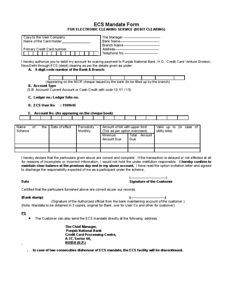 ECS Mandate Form for PNB Payments | PDF | Cheque | Credit Card