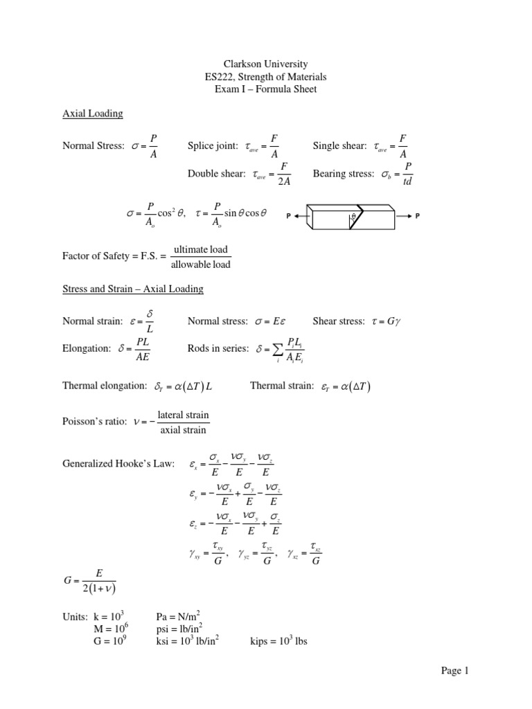 Exam 1 Formula Sheet Rev | PDF | Strength Of Materials | Stress (Mechanics)