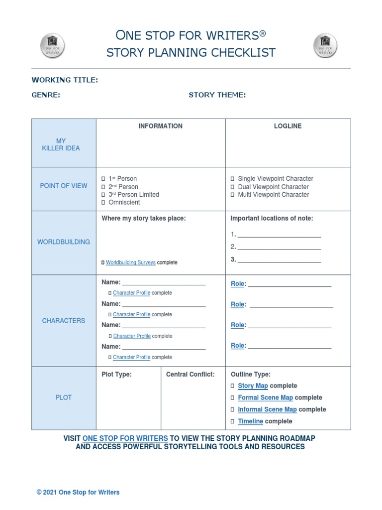 Ne Stop For Writers Story Planning Checklist: Working Title: Genre ...