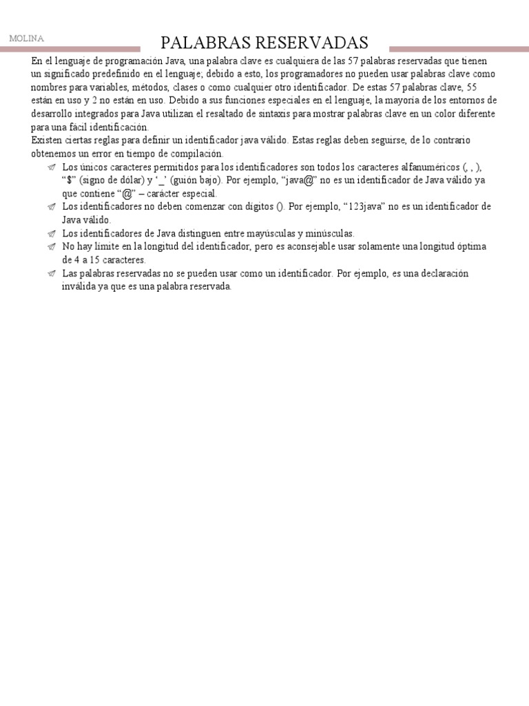 Palabras Reservadas | PDF | Java (lenguaje de programación) | Lenguaje de programación