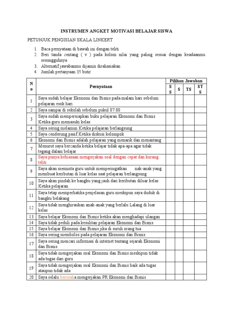 Instrumen Angket Motivasi Belajar Siswa | PDF