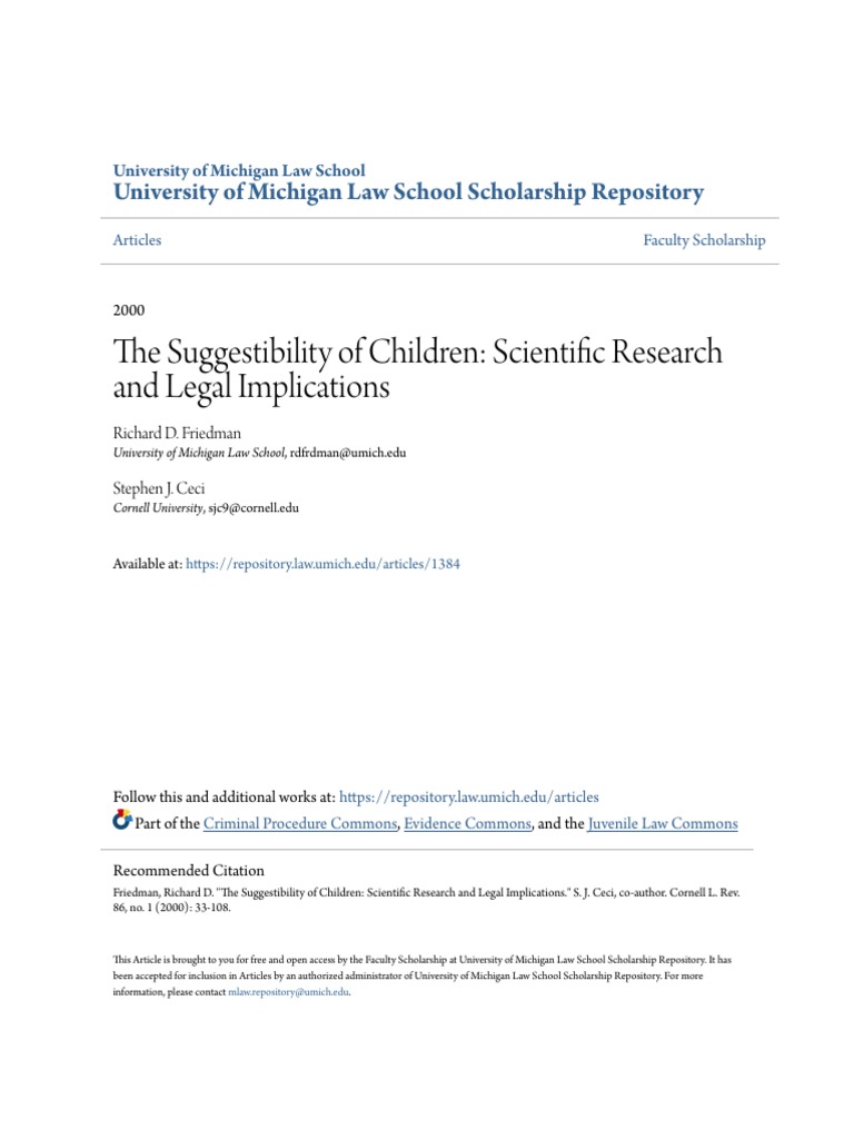 The Suggestibility of Children - Scientific Research and Legal Imp ...