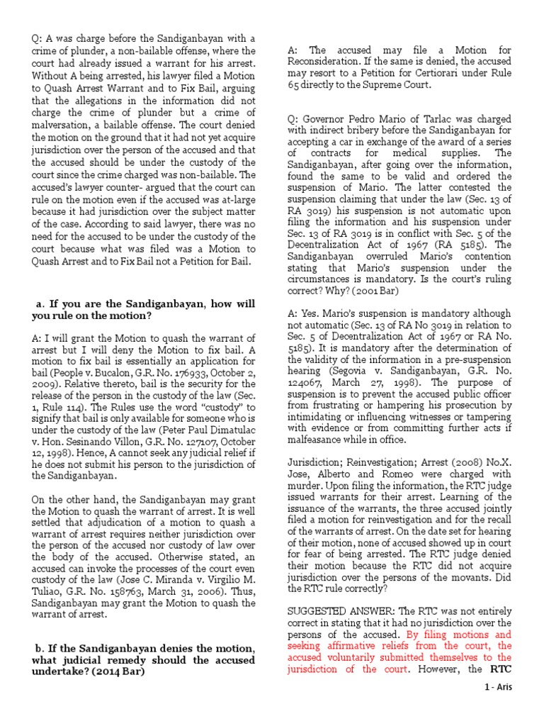 A. If You Are The Sandiganbayan, How Will You Rule On The Motion? | PDF ...