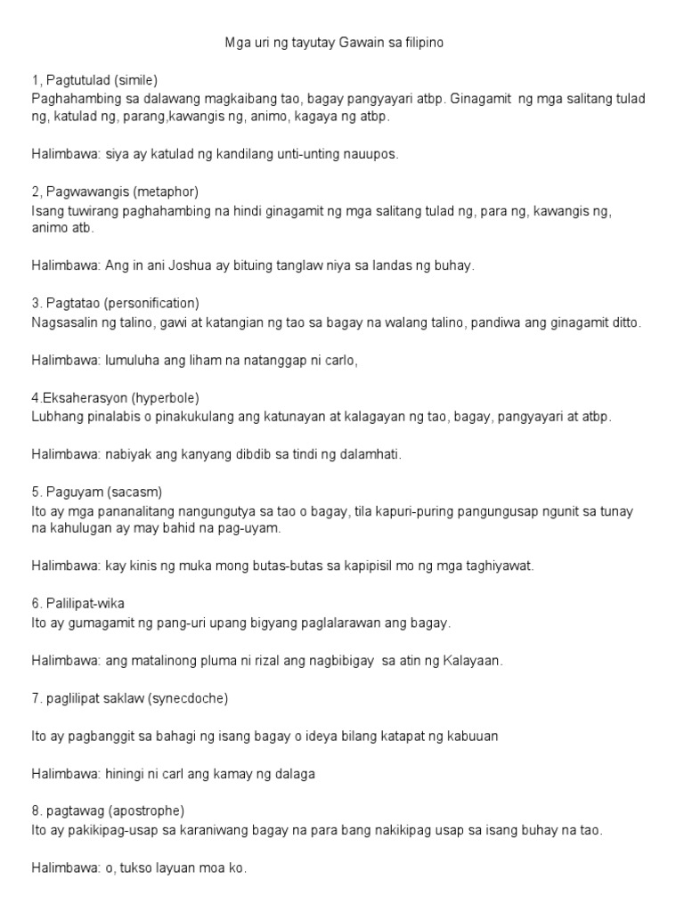 Mga Uri NG Tayutay Gawain Sa Filipino | PDF