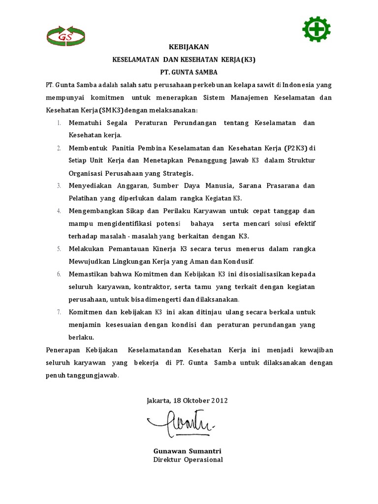 Kebijakan K3 PT. Gunta Samba | PDF