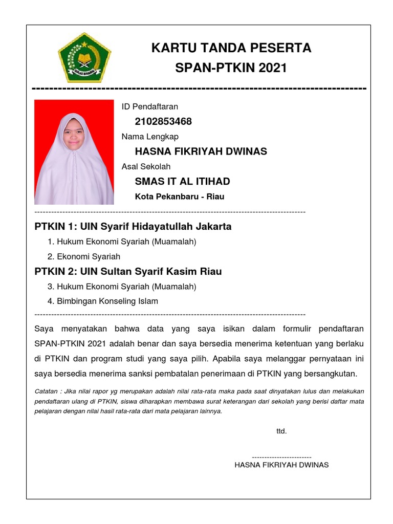 Kartu Peserta SPAN-PTKIN Hasna | PDF