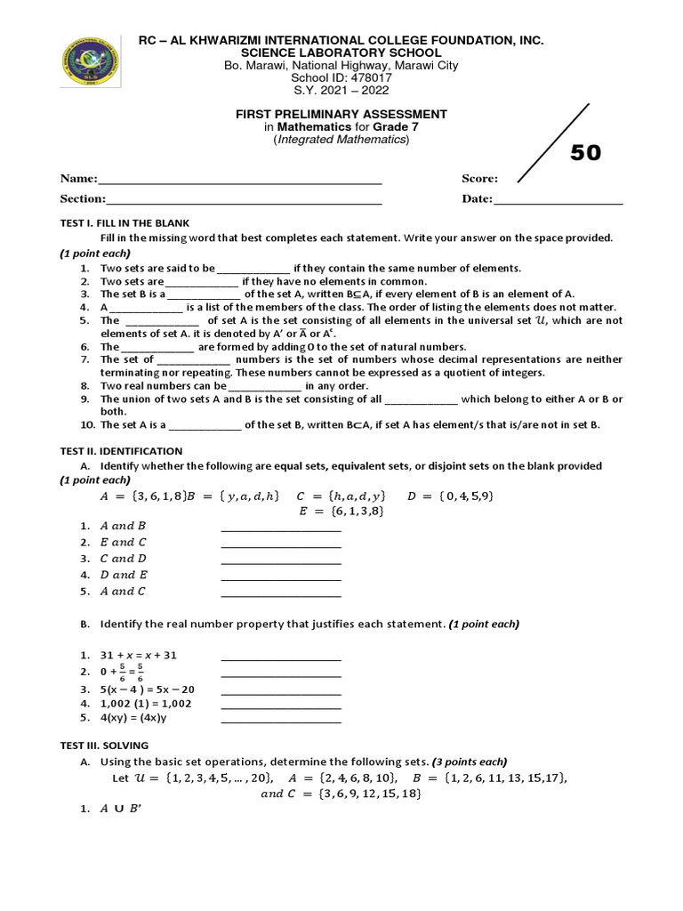 Name: Score: Section: Date:: RC - Al Khwarizmi International College Foundation, Inc. Science ...