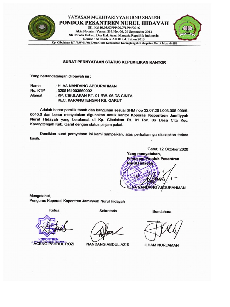 Surat Pernyataan Pinjam Pakai Kantor | PDF