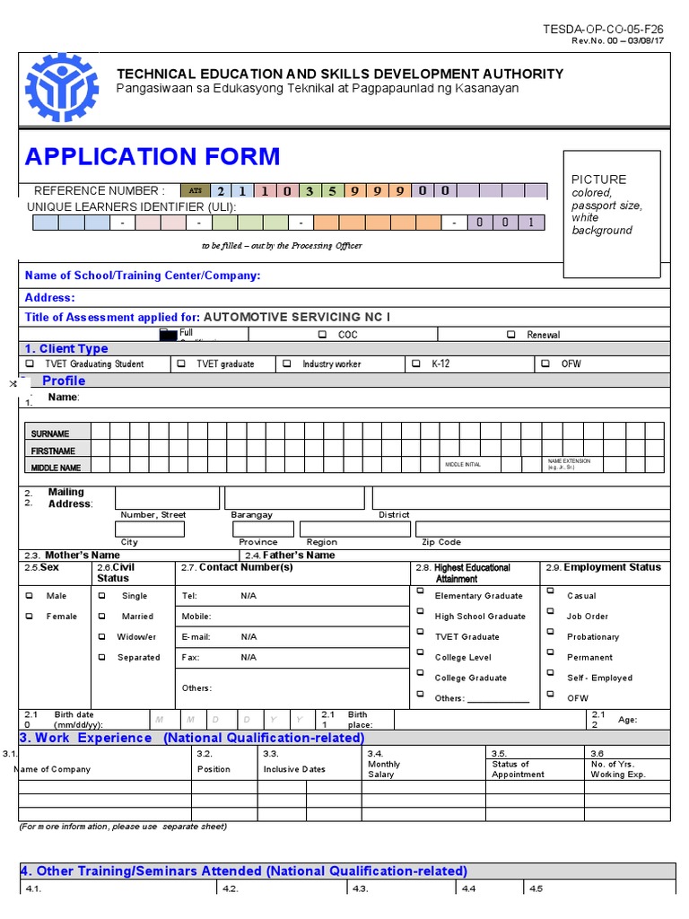 TESDA Application Form | PDF