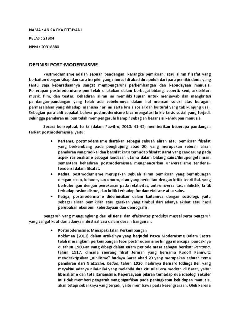 Paradigma Post-Modern (Anisa Eka Fitriyani 2tb04 - 20318880) | PDF