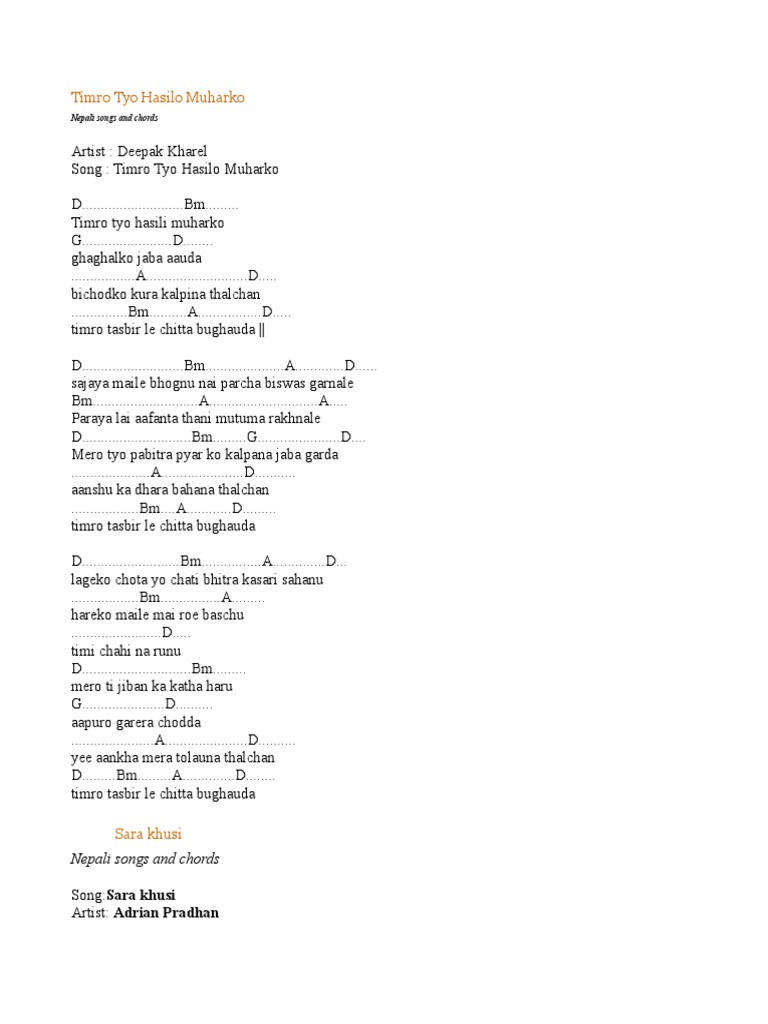 Timro Tyo Hasilo Muharko: Nepali Songs and Chords | PDF | Language Arts ...