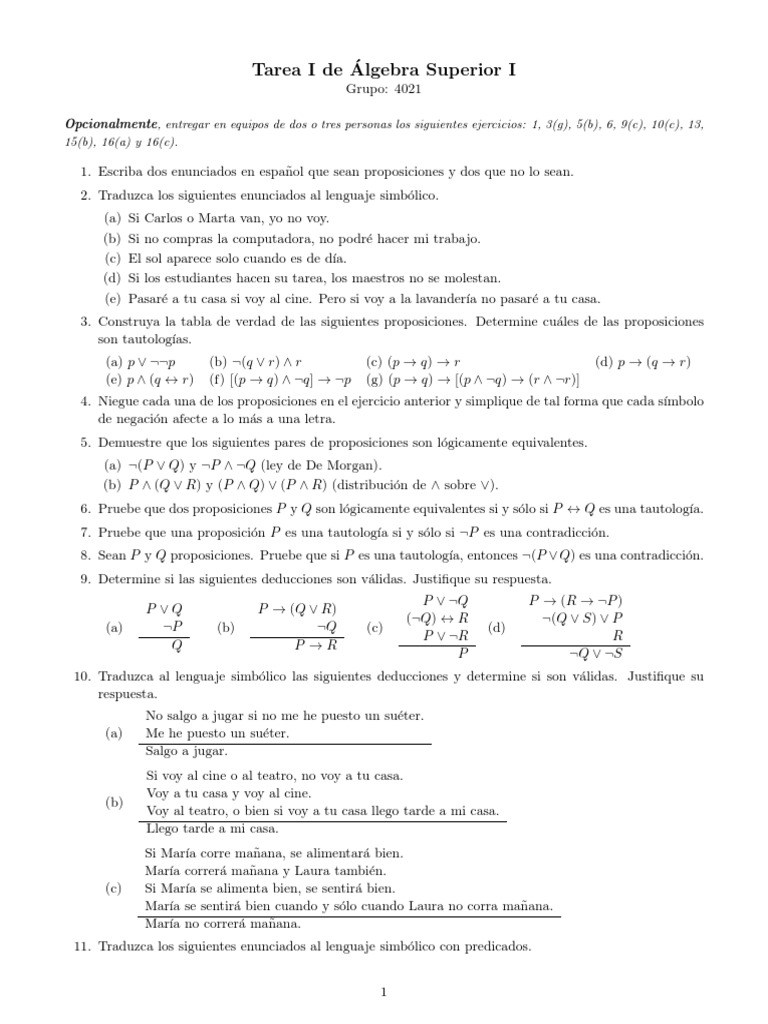Problemas de Álgebra Superior 1 UNAM | PDF | Proposición | Matemáticas
