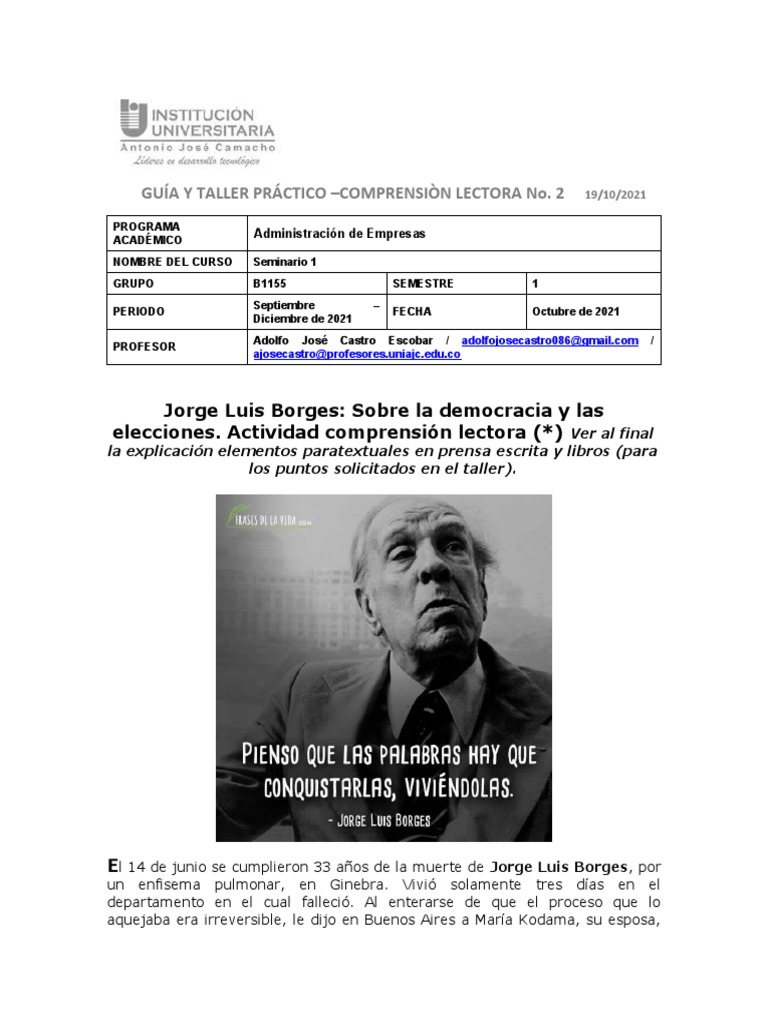 GUÍA Y TALLER PRÁCTICO No 2, COMPRENSIÓN LECTORA SOBRE JORGE LUIS ...
