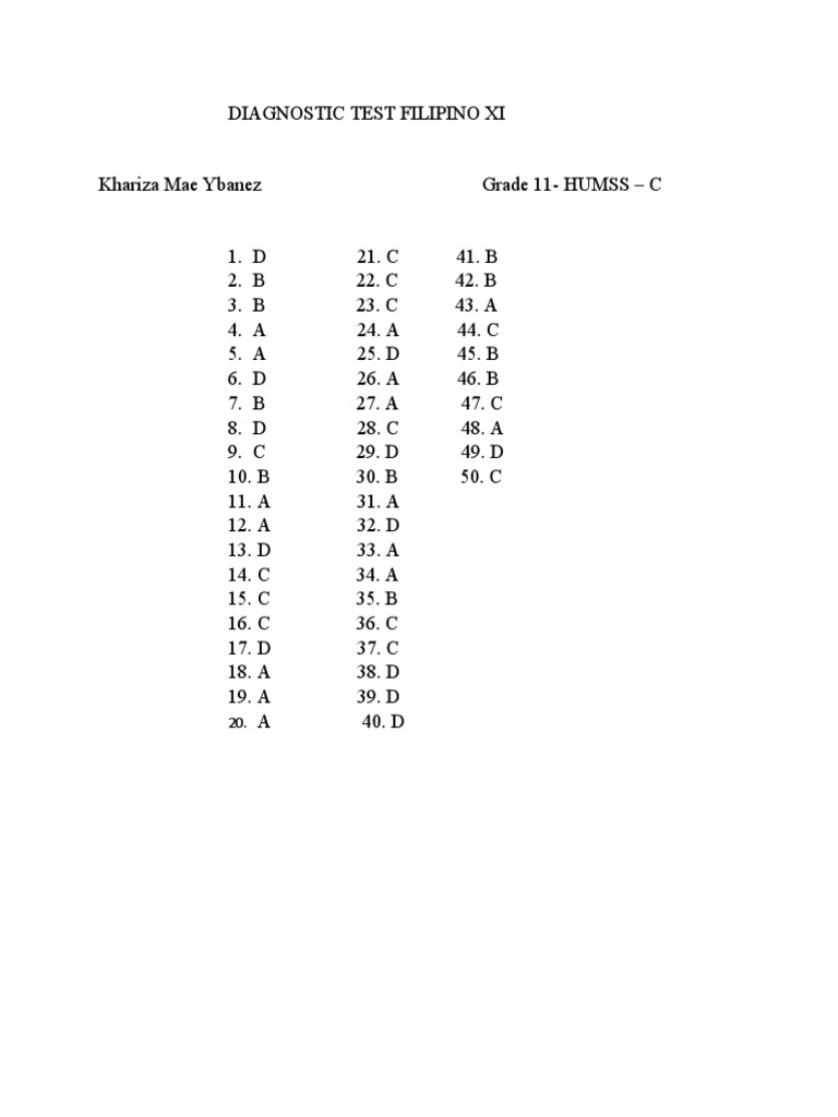 Diagnostic Test Filipino Xi | PDF