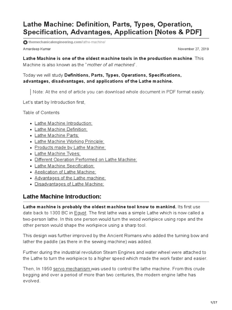 Lathe Machine: Definition, Parts, and Uses | PDF | Machining | Metalworking