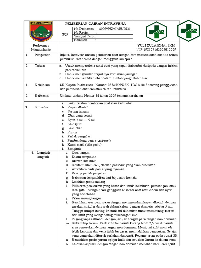 Sop Pemberian Cairan Intravena | PDF