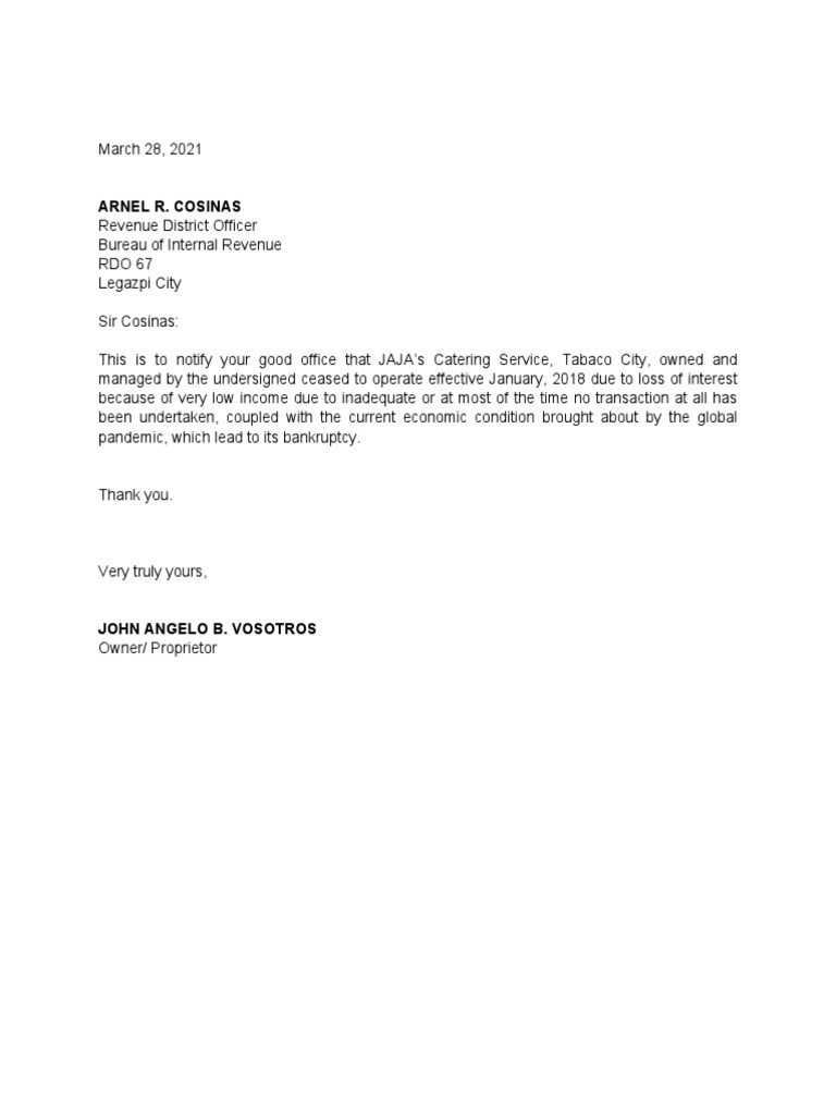 BIR Letter of Bankruptcy | PDF