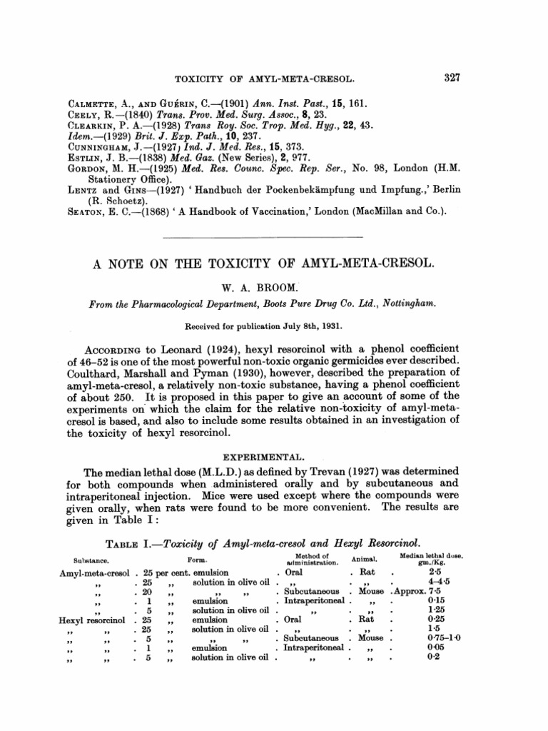 A Note On The Toxicity Of: Amyl-Meta-Cresol | PDF | Toxicity ...