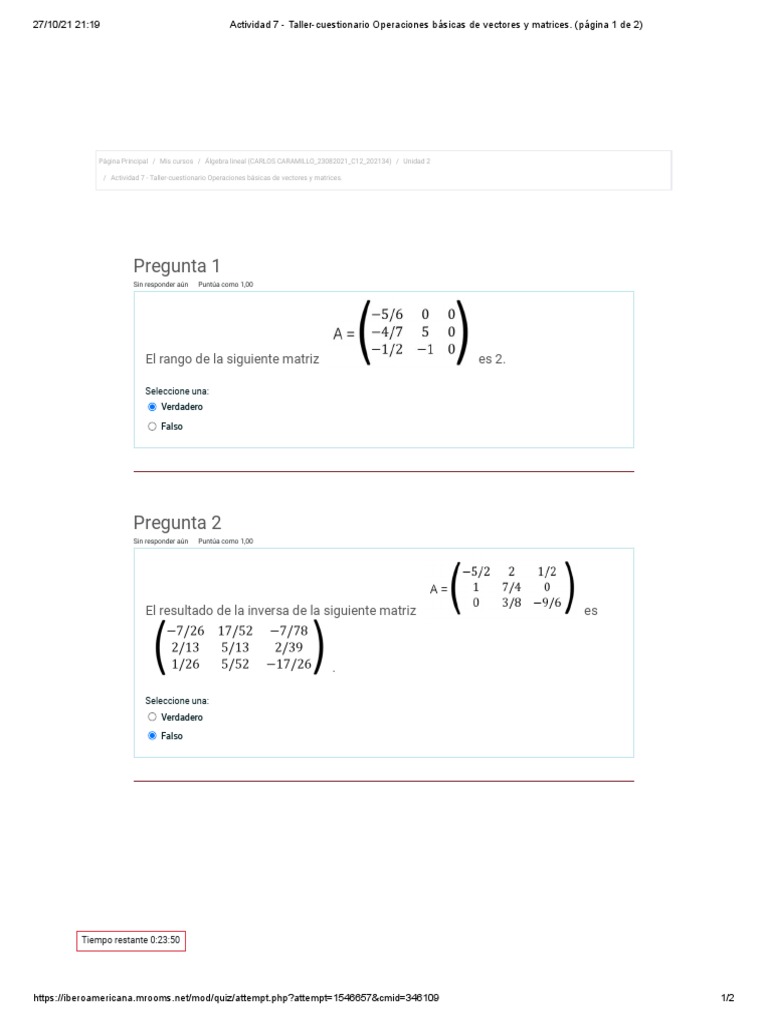 Actividad 7 - Taller-Cuestionario Operaciones Básicas de Vectores y Matrices. (Página 1 de 2 ...