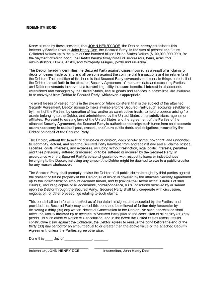 Indemnity Bond | Indemnity | Debt