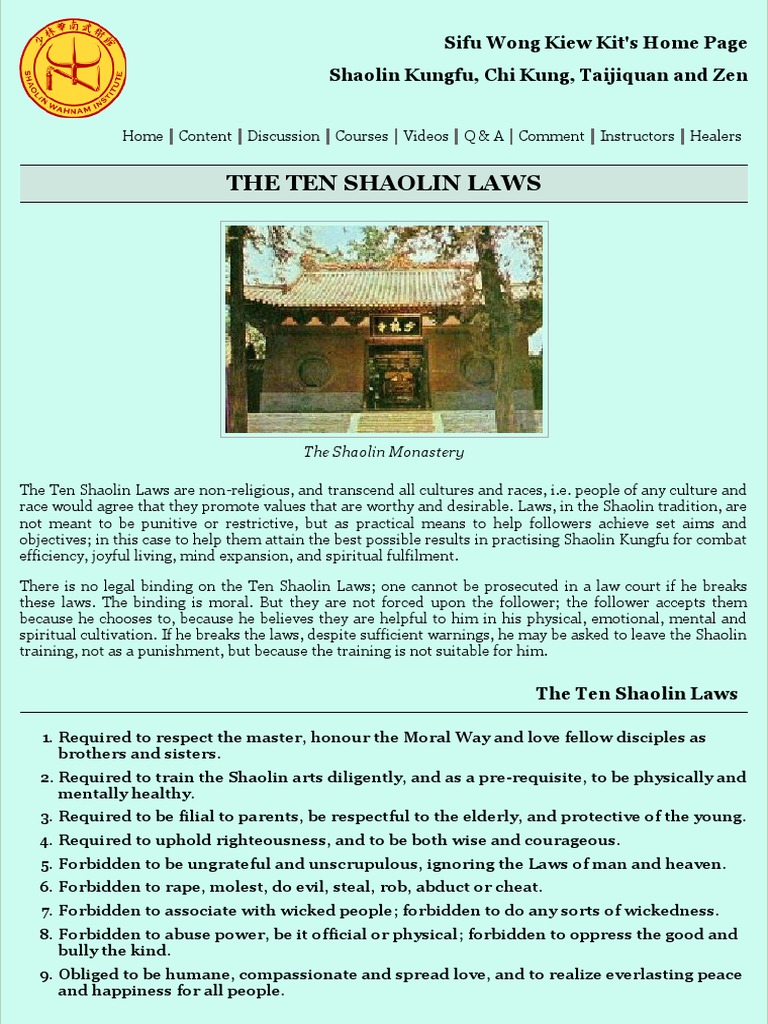 Ten Shaolin Laws | PDF | Chinese Martial Arts | Social Institutions
