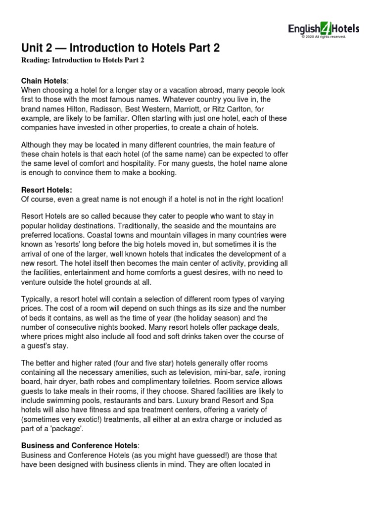 EH-Unit 2 Introduction To Hotels Part 2 Reading | PDF | Hotel | Resort