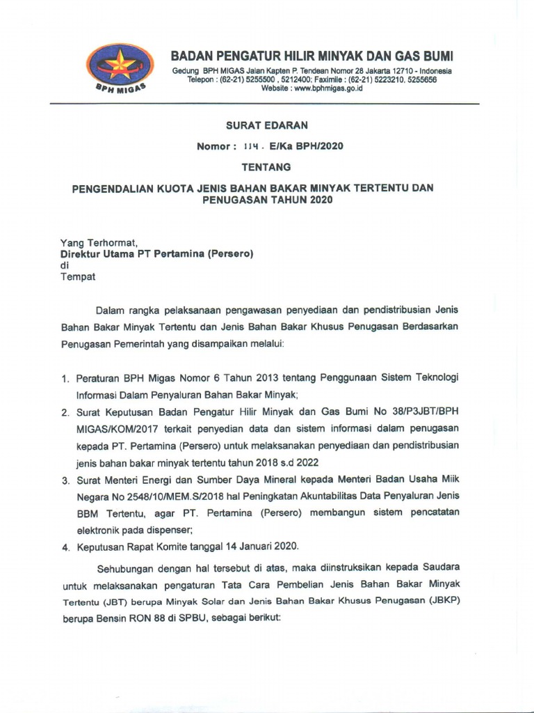 Surat Edaran BPH Migas Pengendalian Kuota JBT Dan JBKP Tahun 2020 | PDF