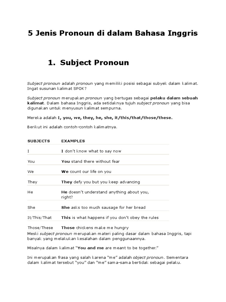 5 Jenis Pronoun Di Dalam Bahasa Inggris | PDF
