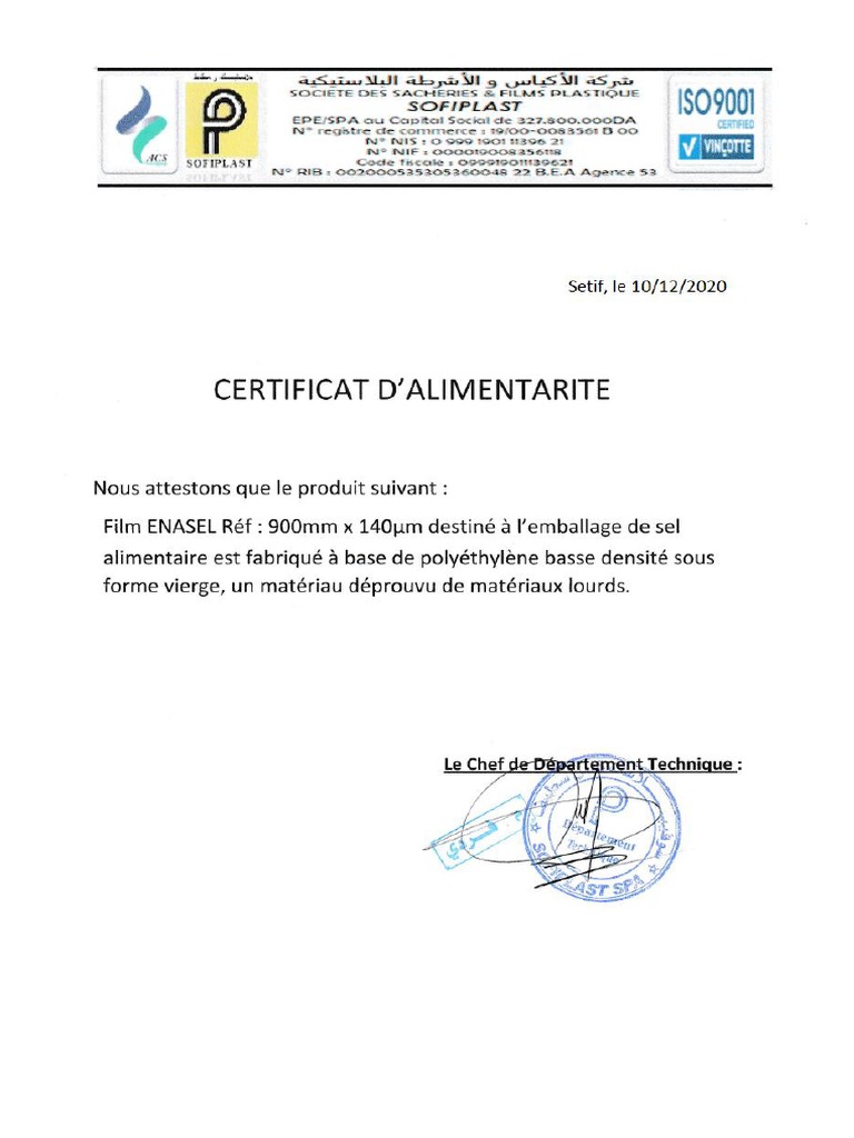 Certificat D'alimentarité - Emballage ENASEL | PDF