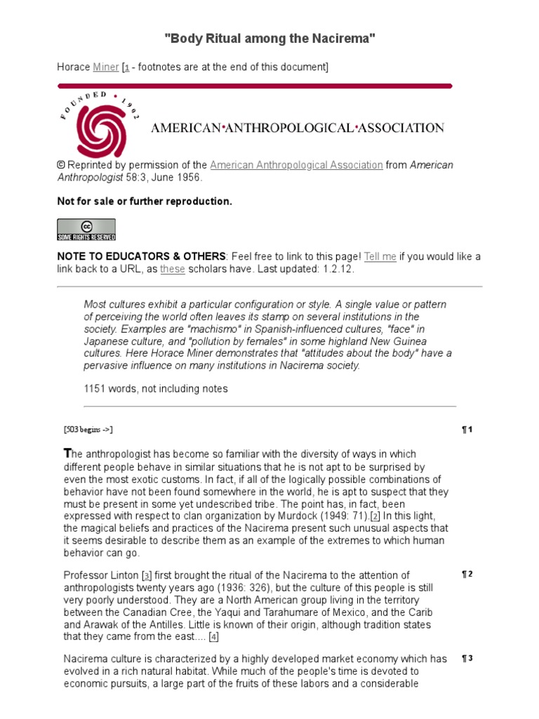 "Body Ritual Among The Nacirema": Miner | PDF | Rituals | Anthropology