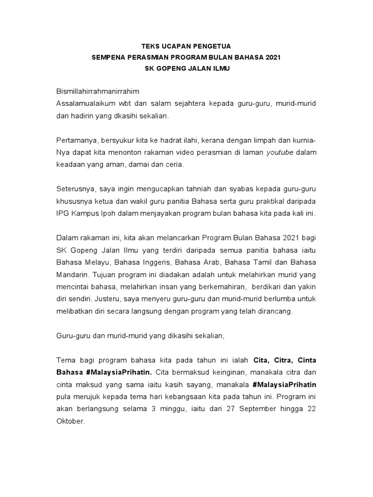 Teks Ucapan Pengetua Sempena Perasmian Program Bulan Bahasa Secara ...