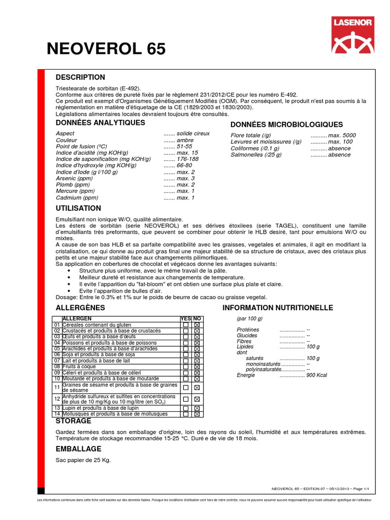 Fiche Technique NEOVEROL 65 E492 (Tristearate de Sorbitan) | PDF | Chimie