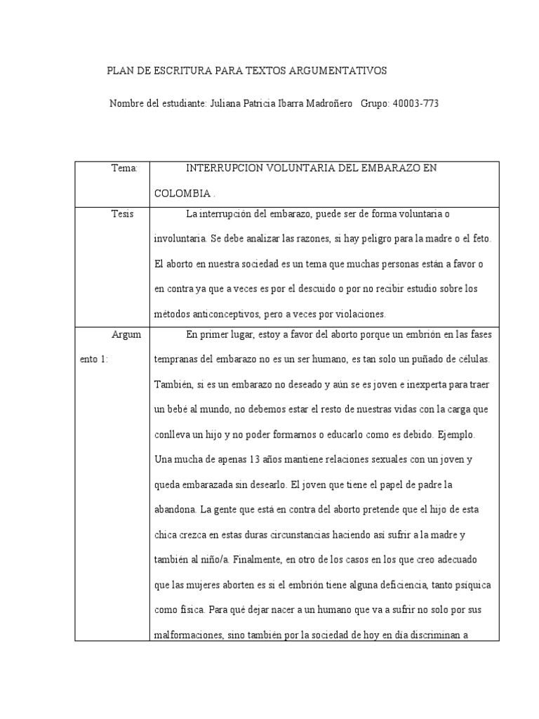 Plan de Escritura para Textos Argumentativos | PDF | Aborto | El embarazo