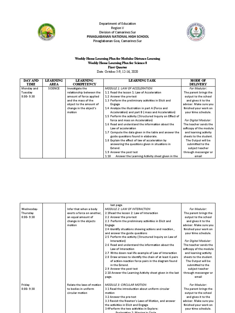 Science 8 Weekly Learning Plan | PDF | Learning | Force