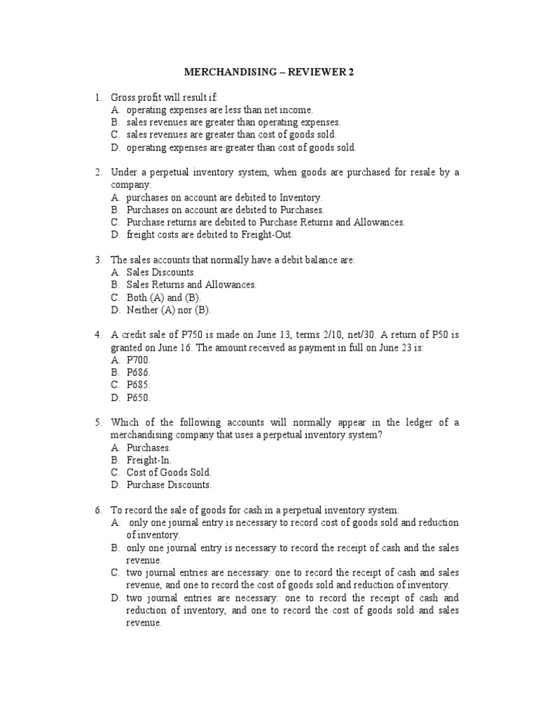 Merchandising Concepts Review: Analyzing Questions on Inventory, Cost ...