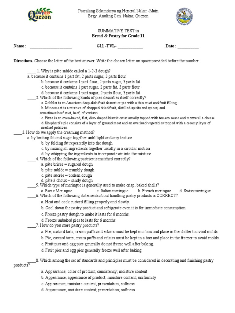 SUMMATIVE TEST IN Bread & Pastry - Quarter 1 | PDF | Cakes | Icing (Food)