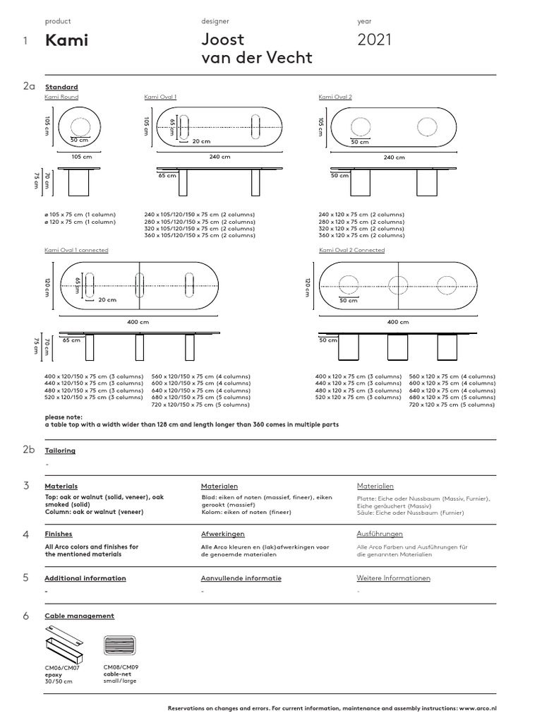 Arco Kami Table Specifications and Materials | PDF