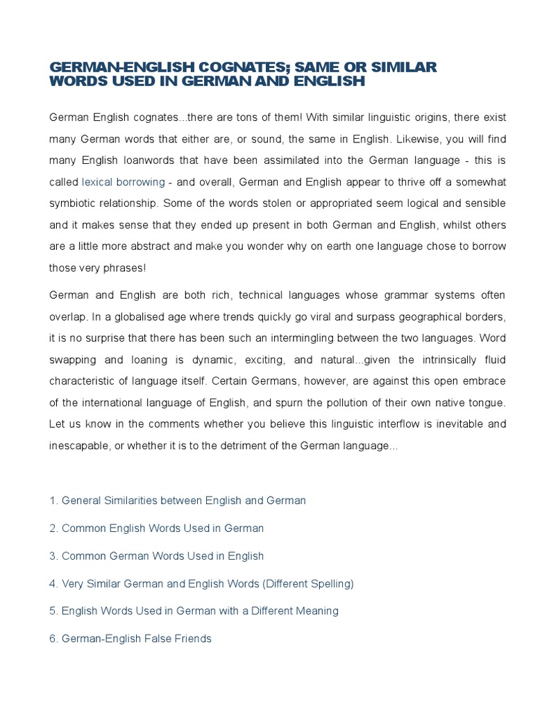 German-English Cognates Same or Similar Words Used in German and ...