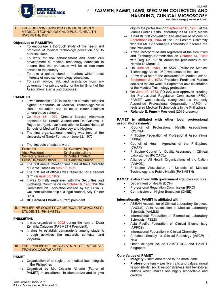 7.1 Pasmeth, Pamet, Laws, Specimen Collection And: Handling, Clinical ...